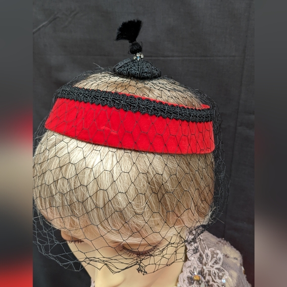 Accessories | Red 196s Open Top Pillbox Lika Cap Black Net Tassel ...